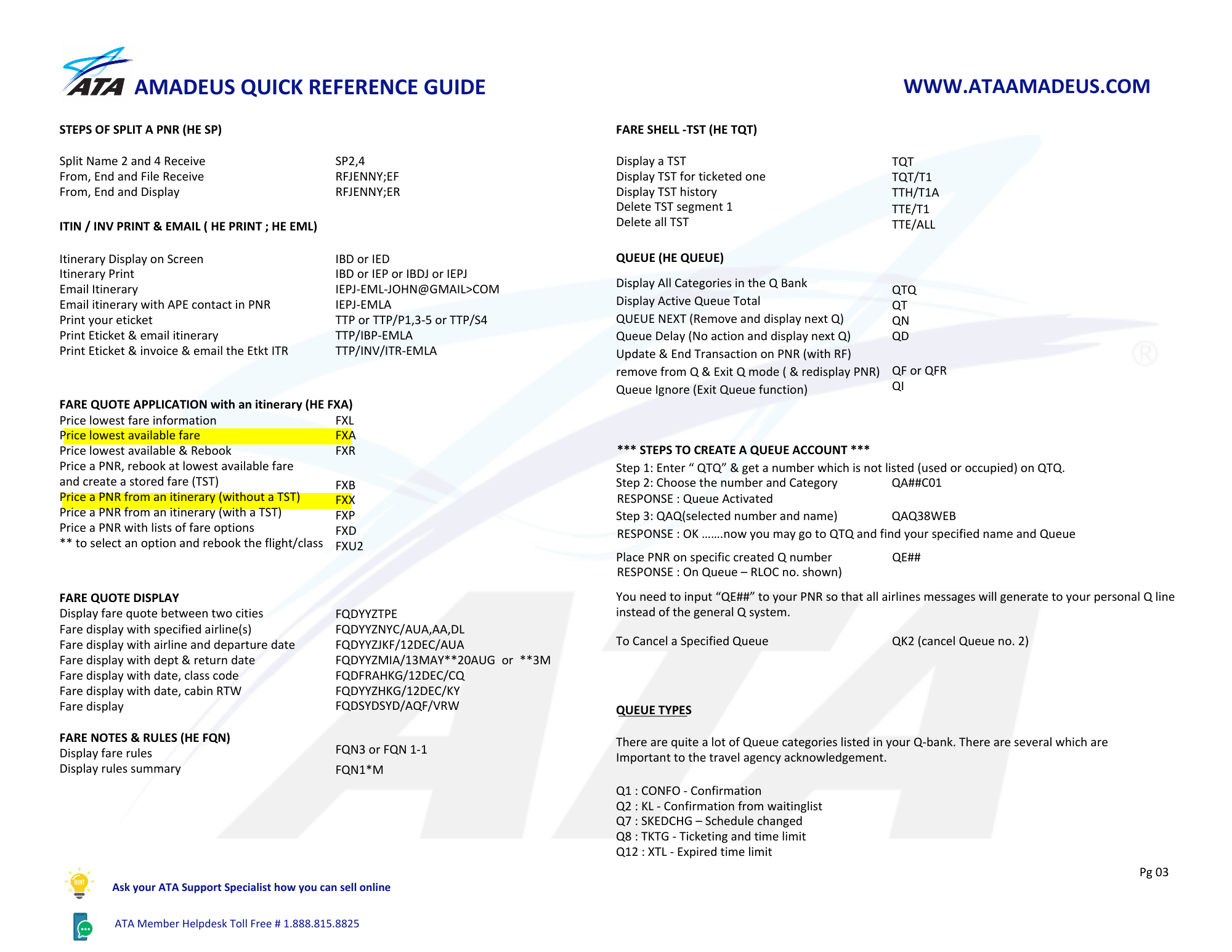 ATA AMADEUS QUICK REFERENCE GUIDES