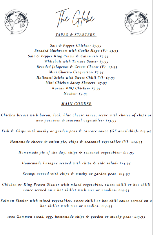 MENUS - The Globe Inn Nantwich